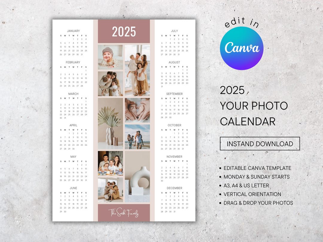 Custom 2025 Your Photos Calendar A4, A3, Letter Size Editable Canva ...
