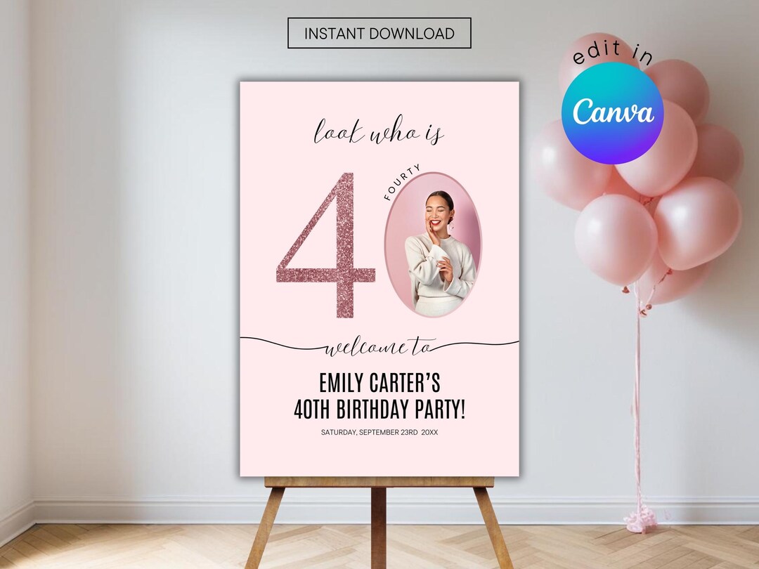 Editable Blush Pink 40th Birthday Welcome Sign Template Look Who is 40 ...