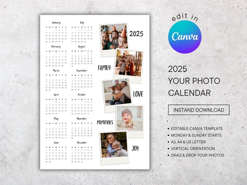 Customizable Photo Collage Calendar 2025 Personalizable Family Wall ...