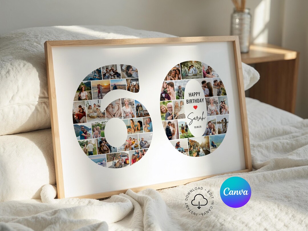 60th Birthday Number Photo Collage Template Editable Birthday Photo ...
