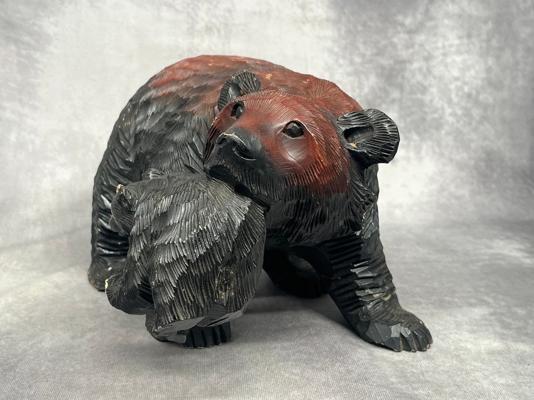 Large Japanese Ainu Bear With Bear Cub, Vintage Hand Carved Wooden Bear ...