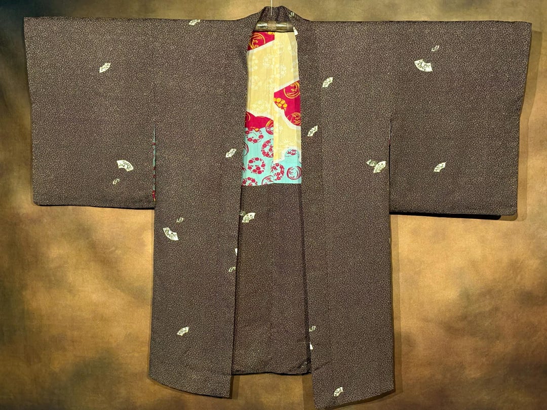Japanese Haori Kimono, Red Green and Yellow Splash Mottled Pattern Silk ...