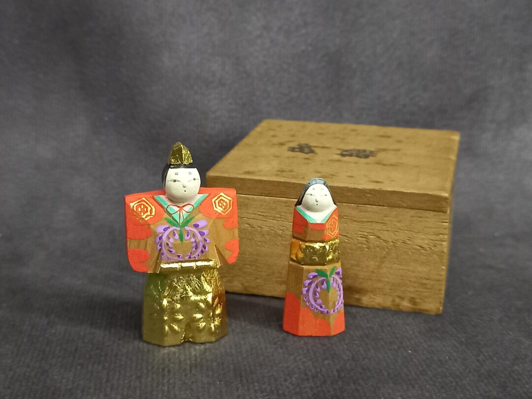 Pair of Miniature Wooden Japanese Figurines, With Small Wooden Storage ...