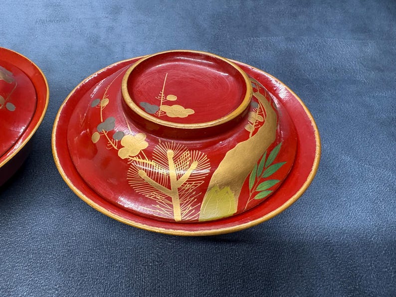 Pair of Red Lidded Wooden Lacquered Bowls, Vintage Japanese Kitchen ...