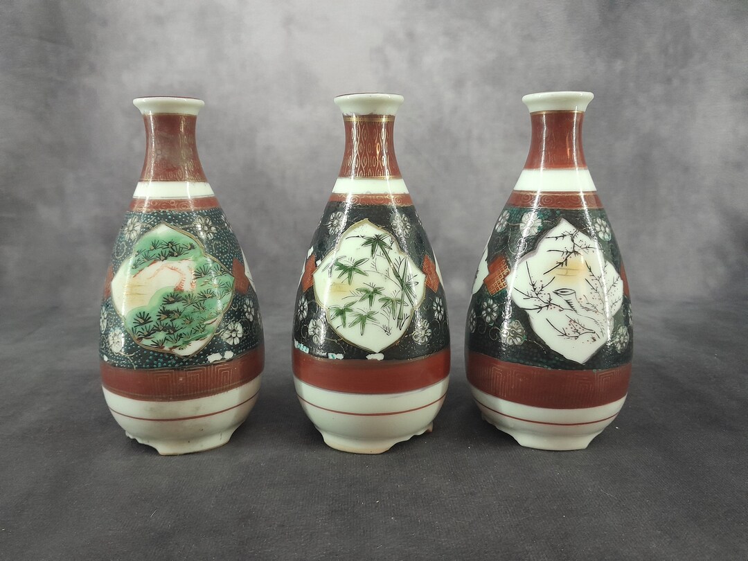 Trio of Vintage Hand Painted Japanese Saki Bottles, Japanese Porcelain ...