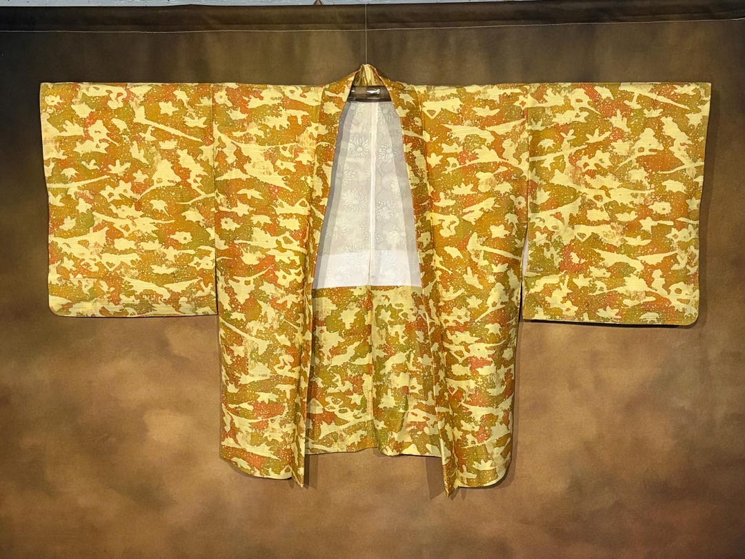 Japanese Haori Kimono, Yellow Silk Lined Kimono Robe, Vintage Kimono ...
