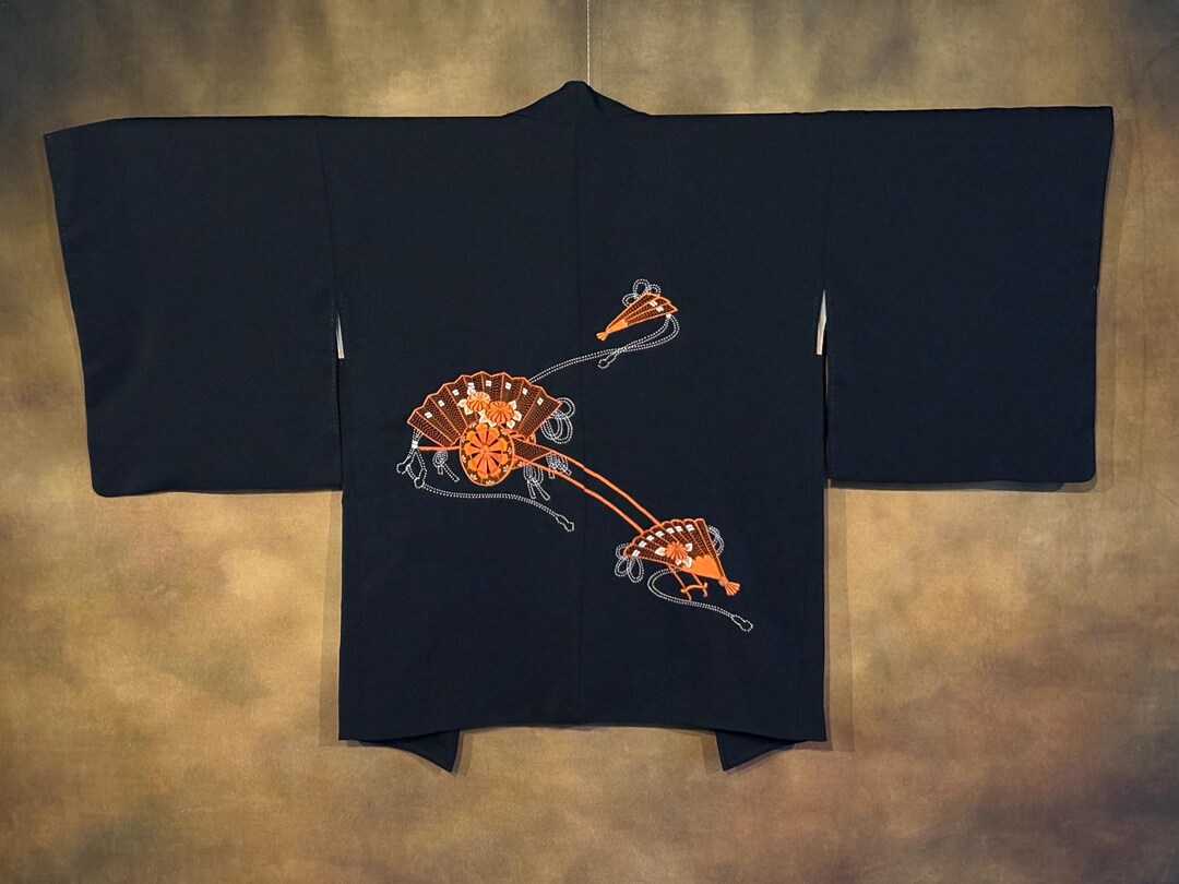 Japanese Haori Kimono, Black Embroidered Fan Design Silk Lined Kimono ...