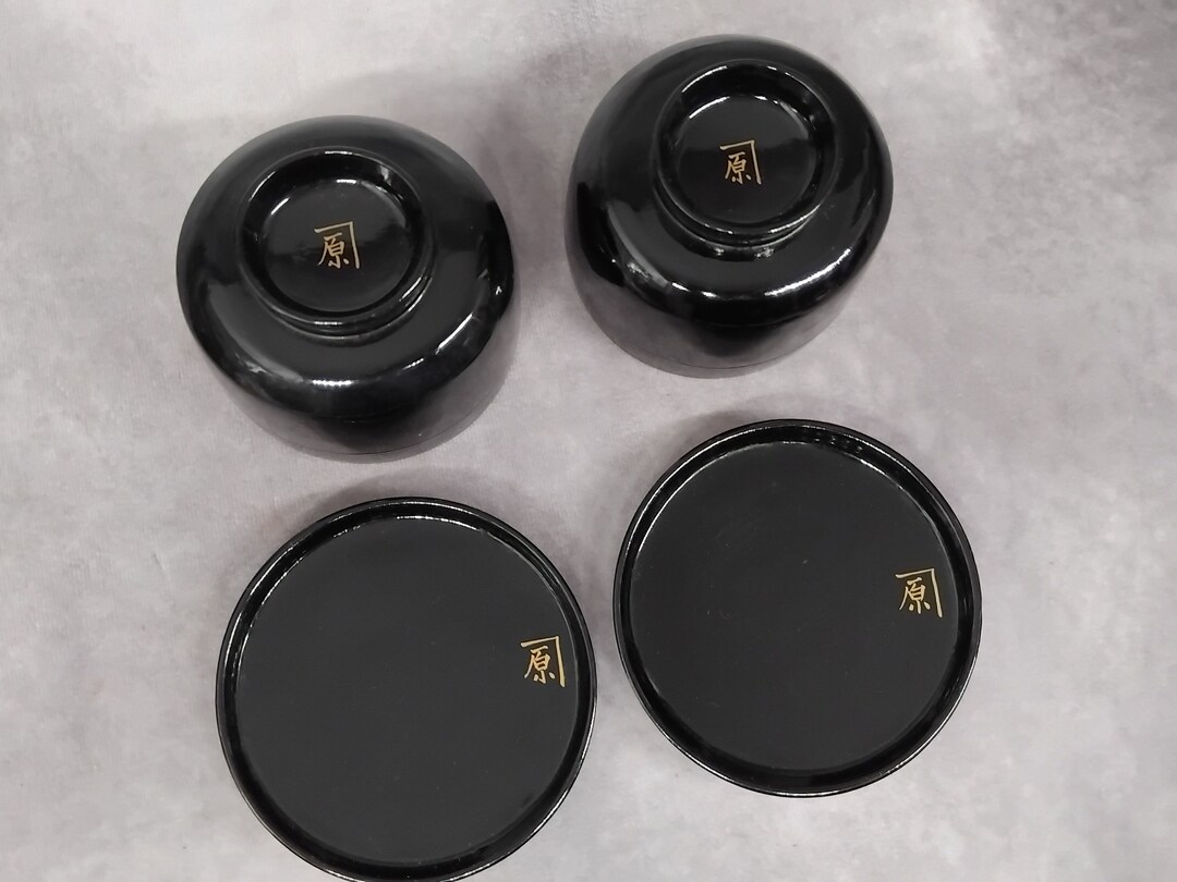 Pair of Black Lidded Wooden Lacquer Steam Cups / Bowls, Antique ...
