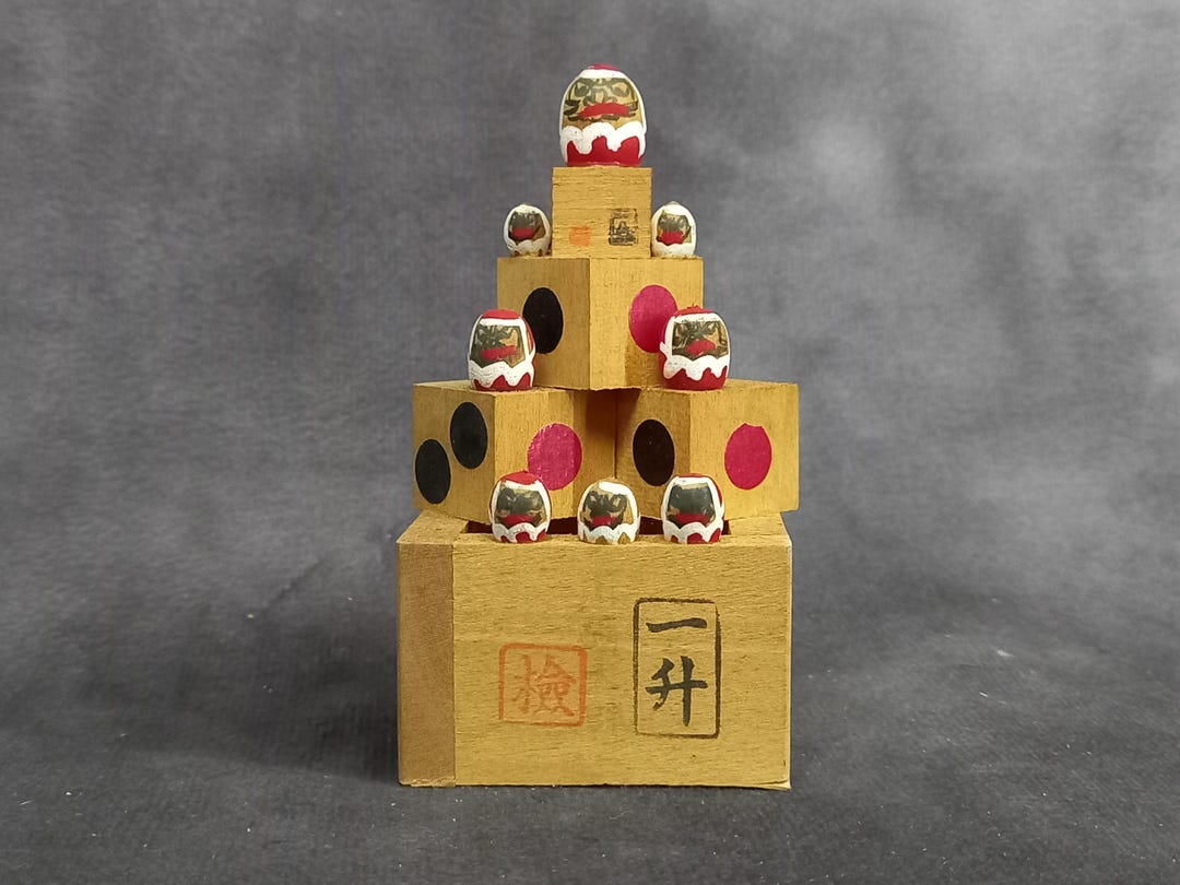 Daruma Doll Figures Sitting on Tea Boxes, Miniature Wooden Figures ...
