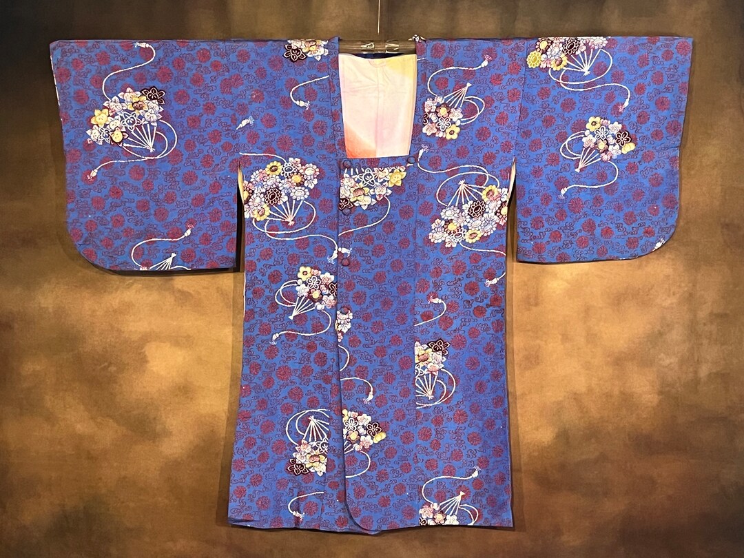Mid Century Japanese Long Haori Kimono, Blue Floral Silk Lined, Kimono ...