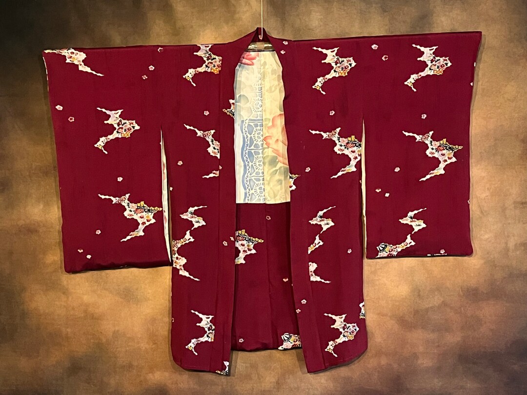 Japanese Long Haori Kimono, Retro Burgandy Red, Silk Lined, Kimono Robe ...