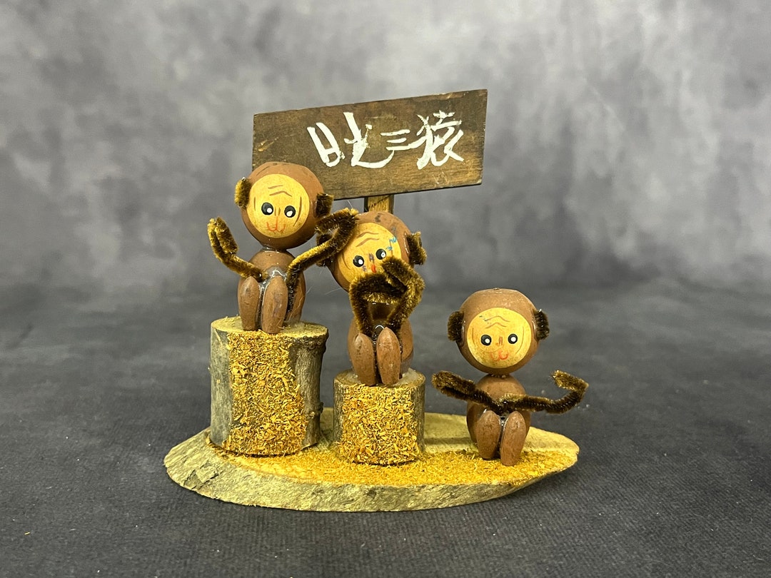 Miniature Three Little Monkeys Kokeshi Doll, Vintage Japanese Wooden ...