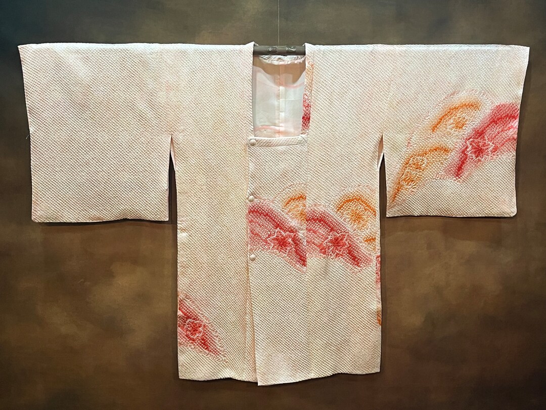 Japanese Shibori Haori Kimono, Bright Red on White Silk Lined, Kimono ...