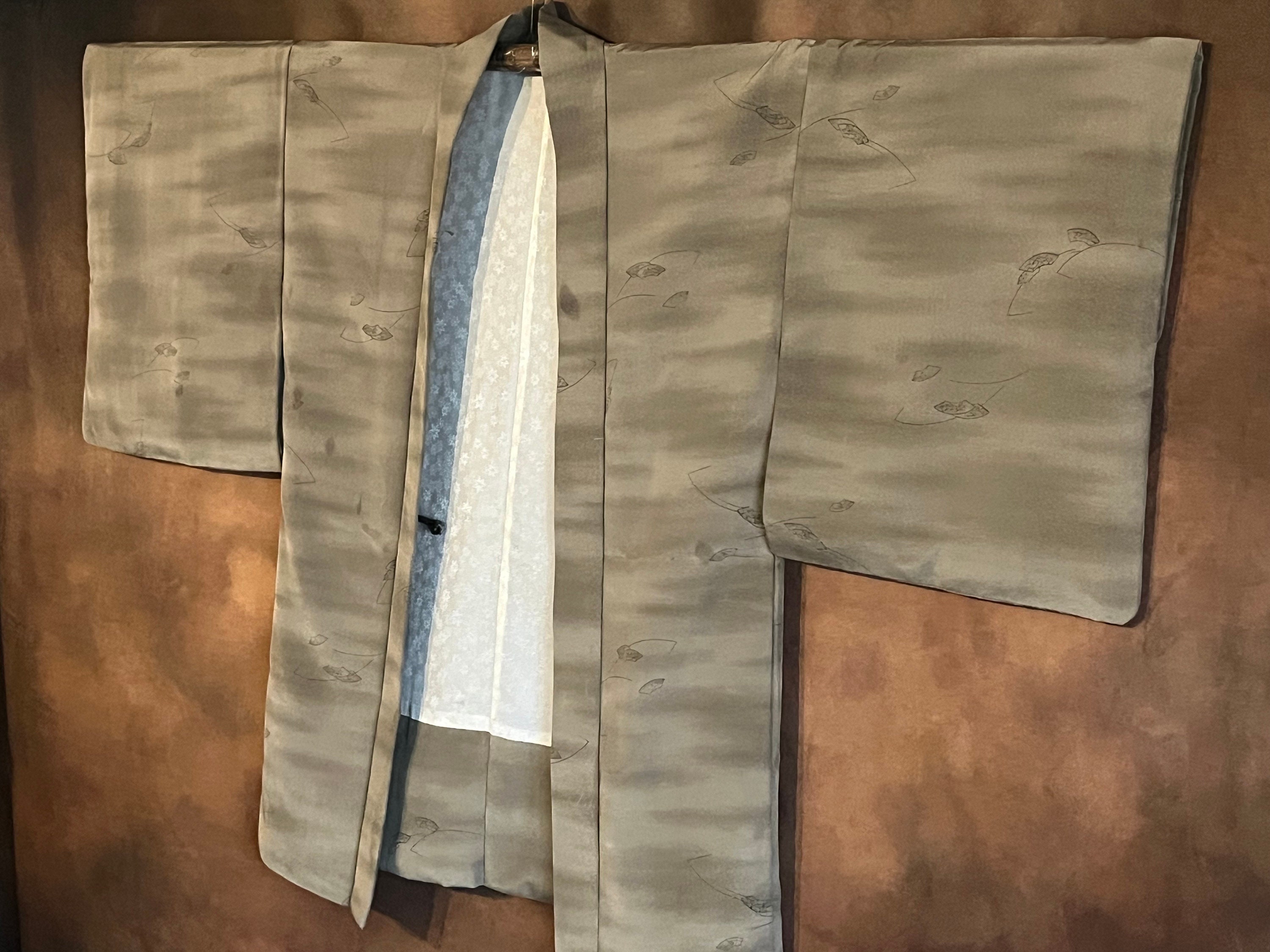 Japanese Haori Kimono, Khaki Green Silk Lined Kimono Robe Vintage ...