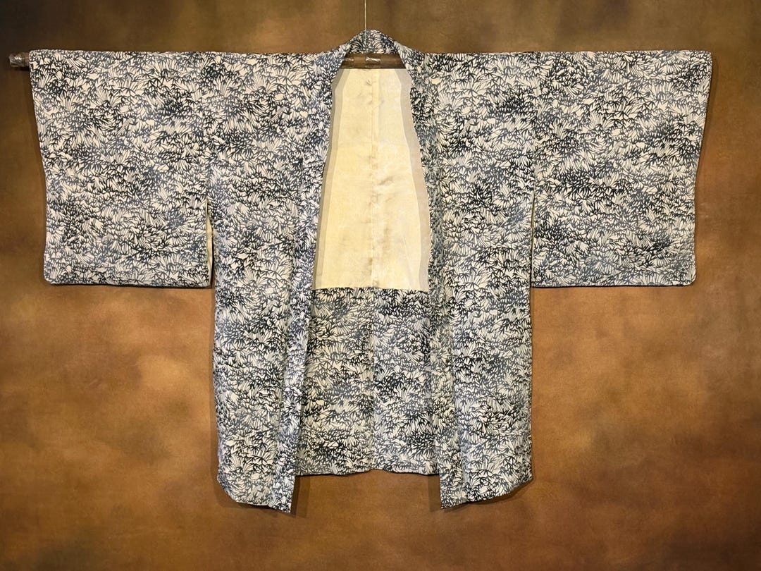 Japanese Haori Kimono, White With Blue Bamboo Design, Silk Lined Kimono ...