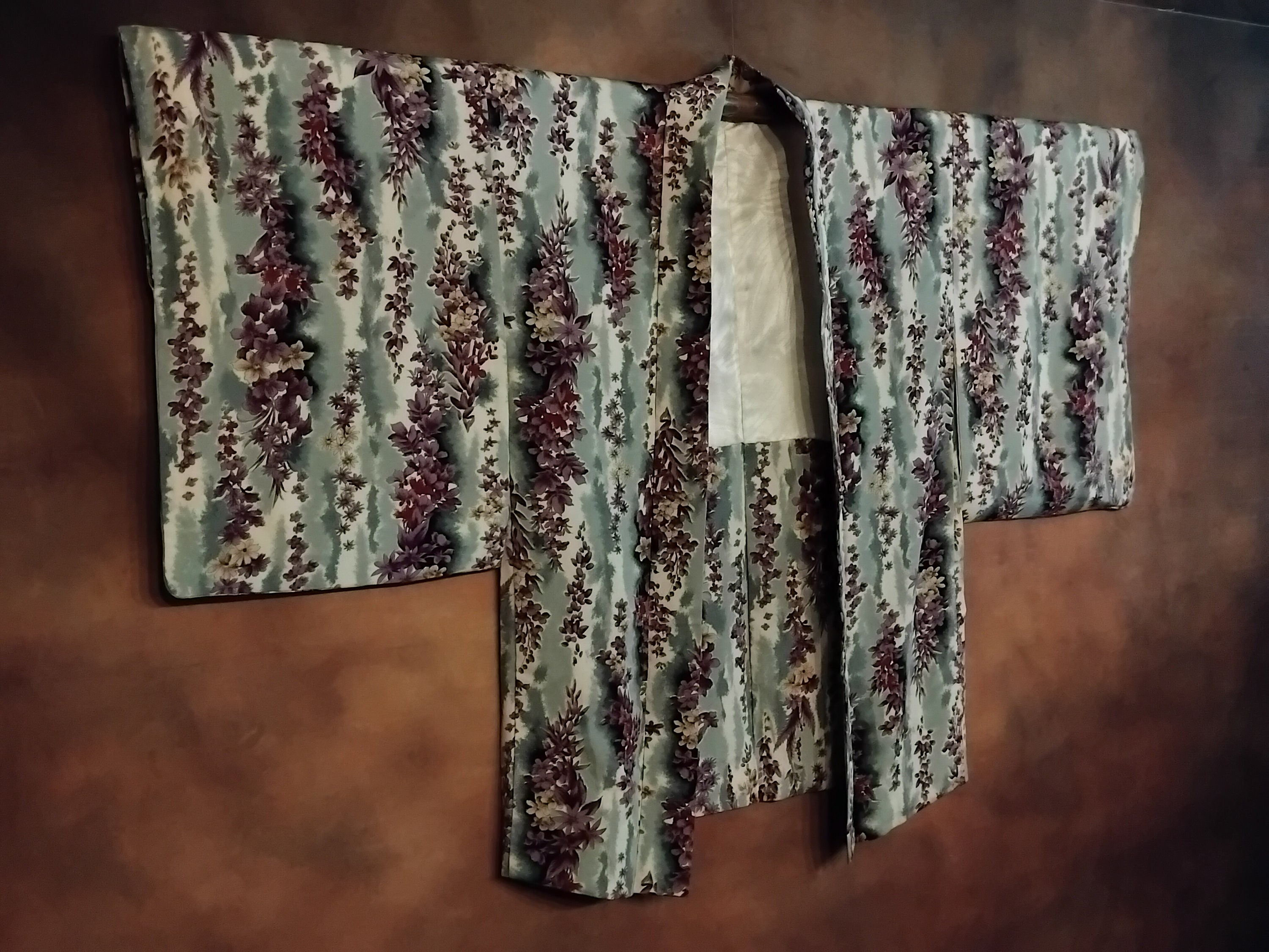 Japanese Haori Kimono, Green & Purple Floral Silk Lined, Kimono Robe ...