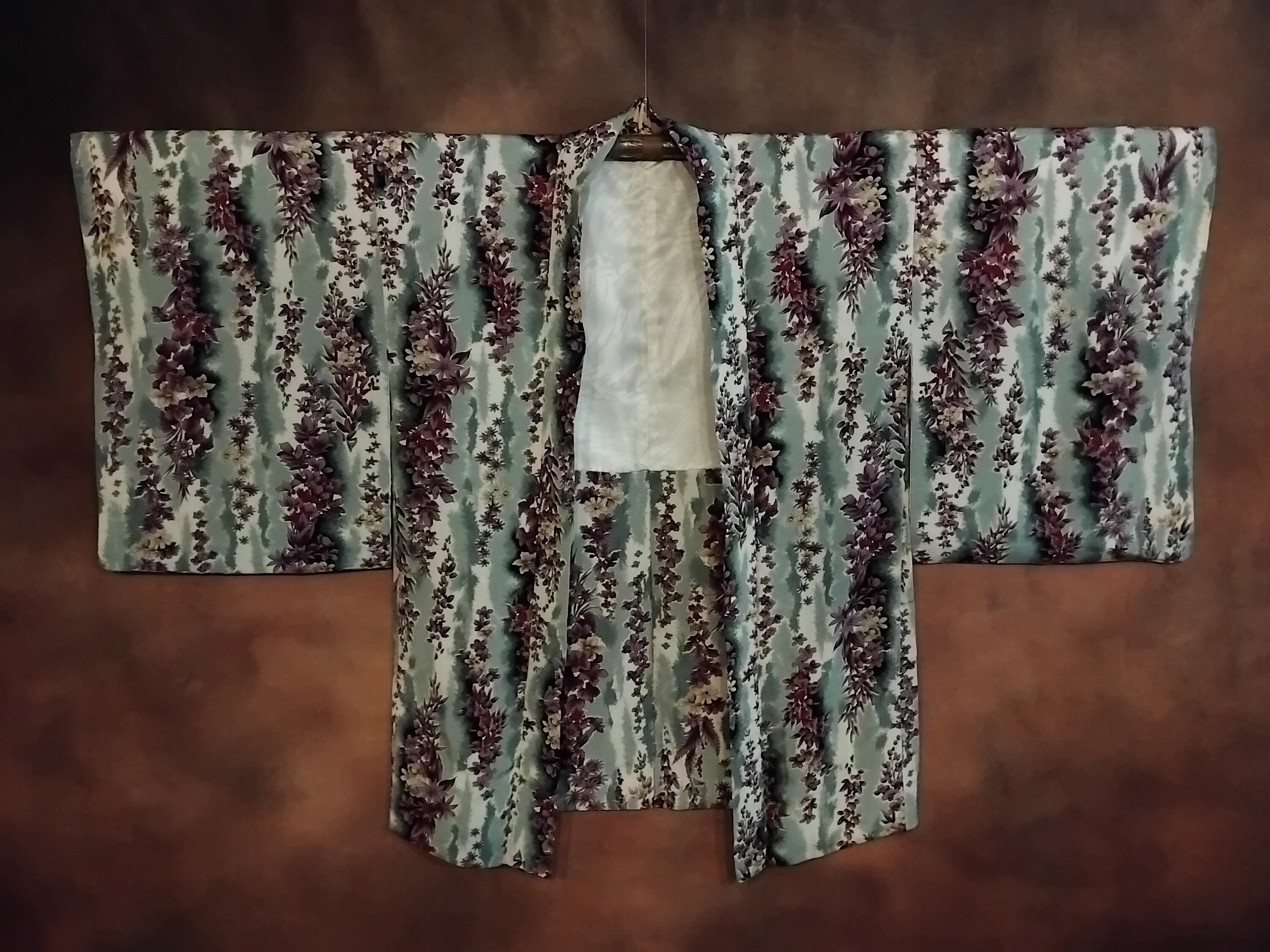 Japanese Haori Kimono, Green & Purple Floral Silk Lined, Kimono Robe ...