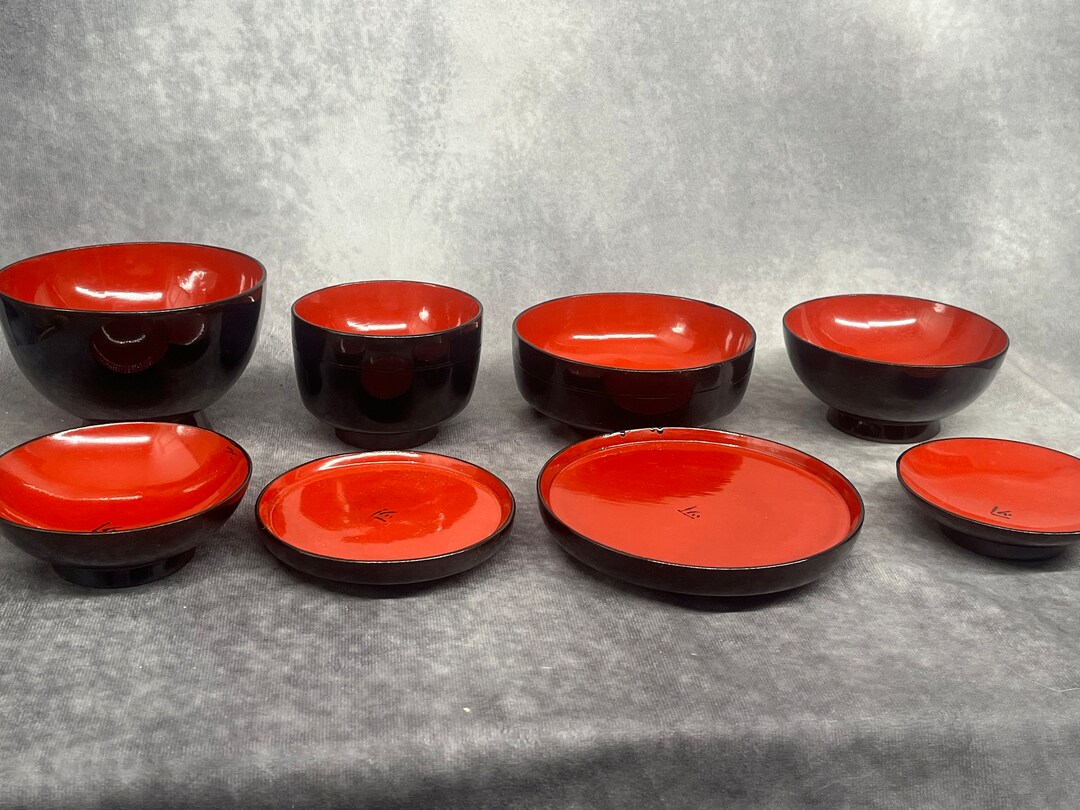 Set of Wooden Lacquer Bowls With Lids / Dishes Vintage Japanese Black ...