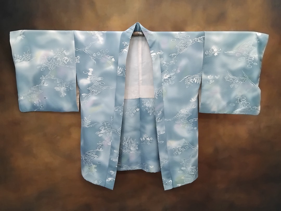Japanese Haori Kimono, Pastel Blue Retro Silk Lined, Kimono Robe ...