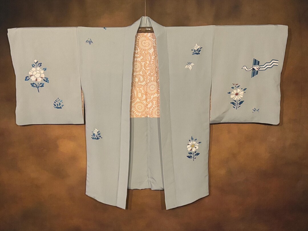 Japanese Haori Kimono, Baby Blue Silk Lined Kimono Robe, Vintage Kimono ...
