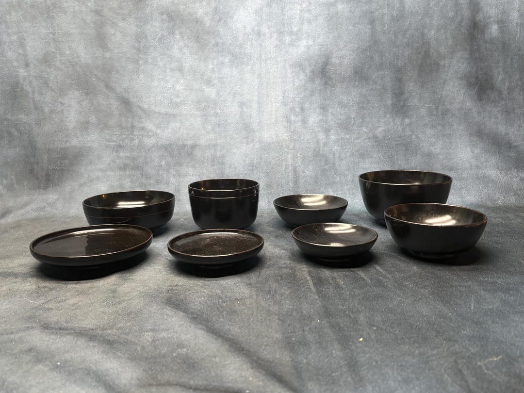 Set of 8 Vintage Wooden Lacquer Bowls, Vintage Japanese Black Lacquer ...