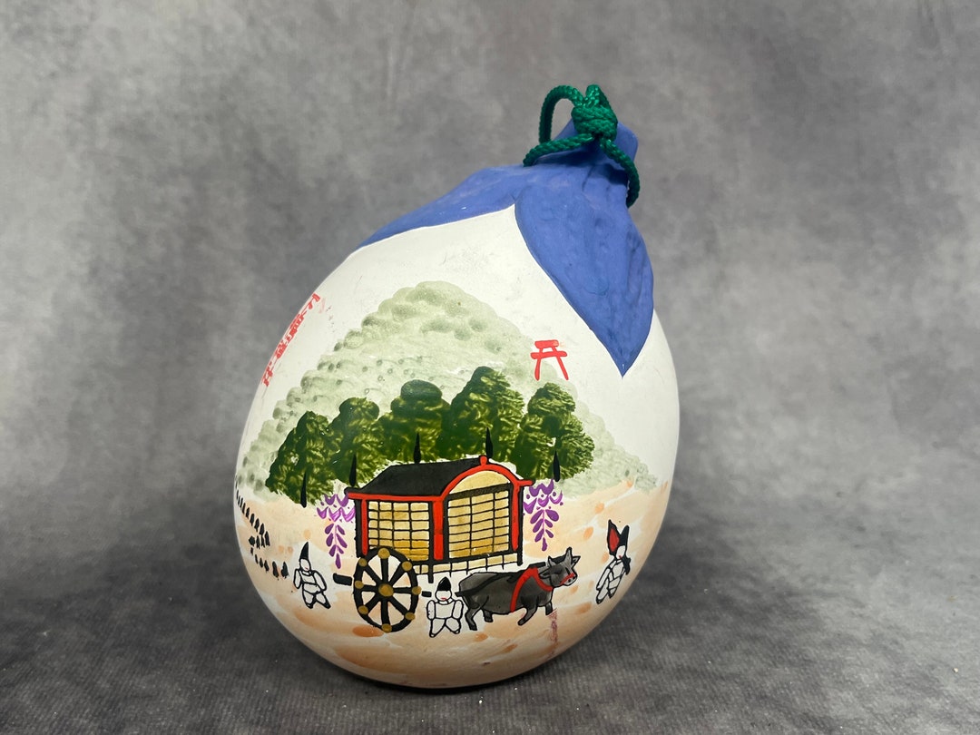 Large Hand Painted Clay Ceramic Bell, Japanese Folk Art, Shinto Shrine ...