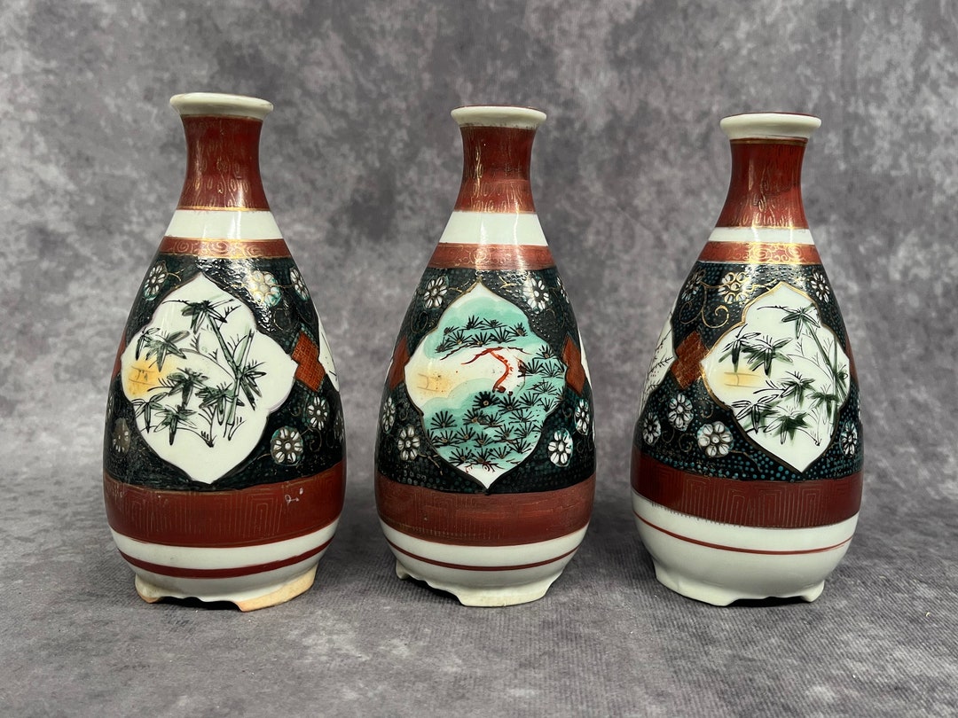 Trio of Vintage Hand Painted Japanese Saki Bottles, Japanese Porcelain ...