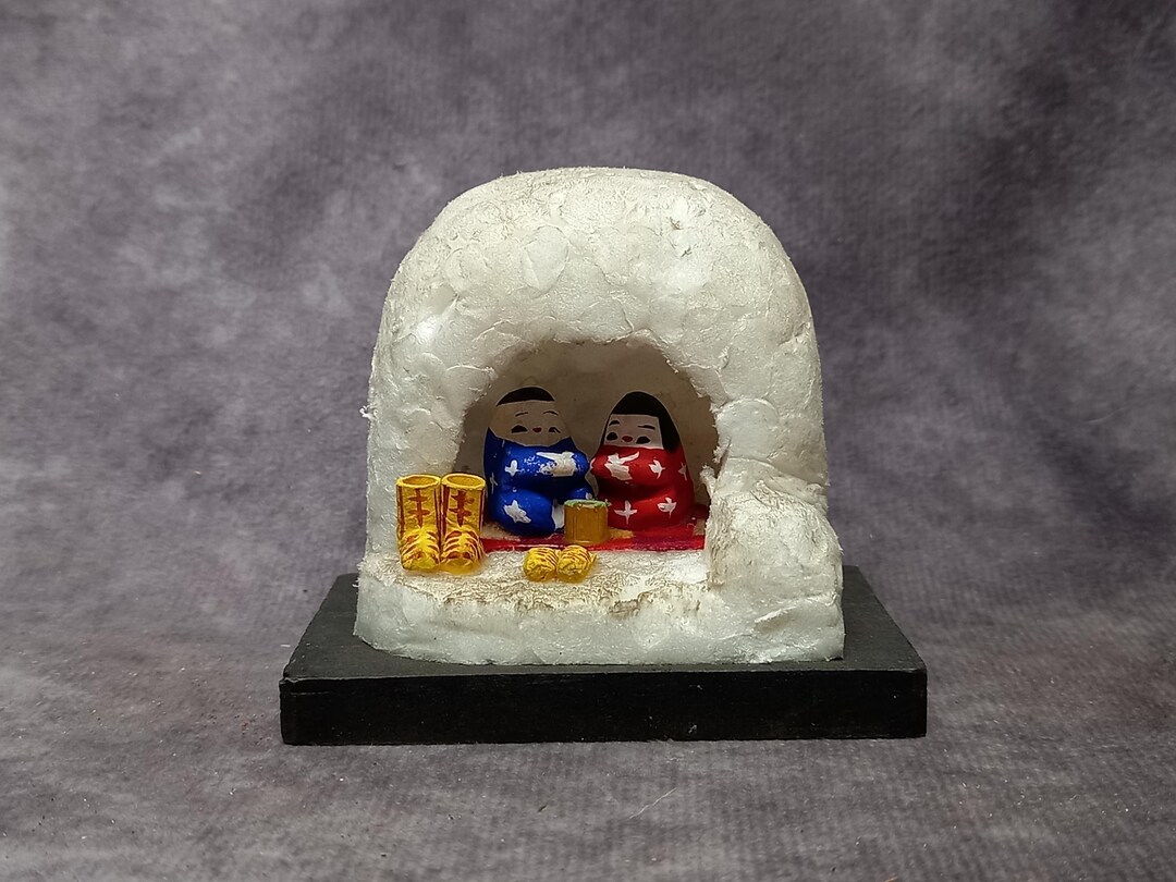 Miniature Kokeshi Dolls Inside an Igloo, Vintage Japanese Wooden Kokeshi, Hand Made Folk Art ...