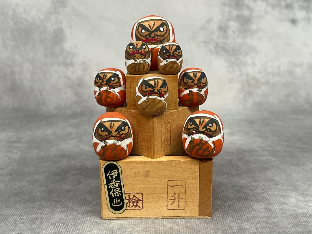 Daruma Doll Figures Sitting on Tea Boxes, Miniature Wooden Figures ...