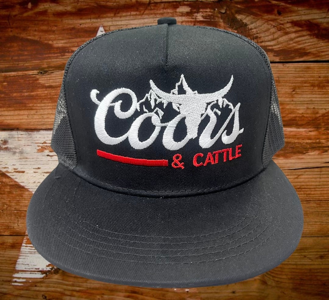 Western Mountains & Cattle Hat – Black Trucker Cap With Bold White and ...