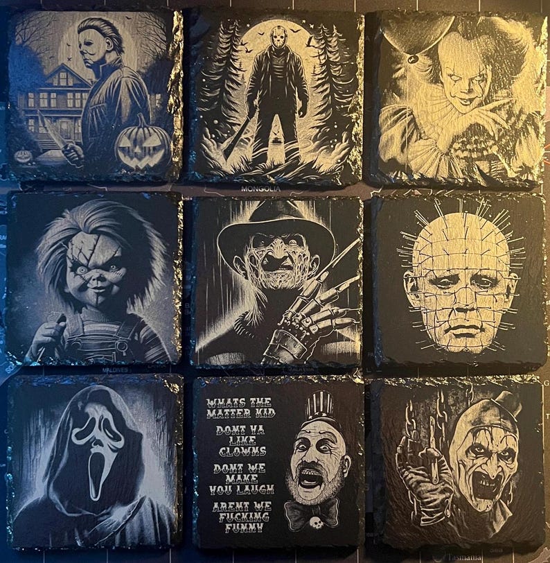 Horror Movie Legends Engraved Slate Coasters/coaster Set Chucky, Freddy ...