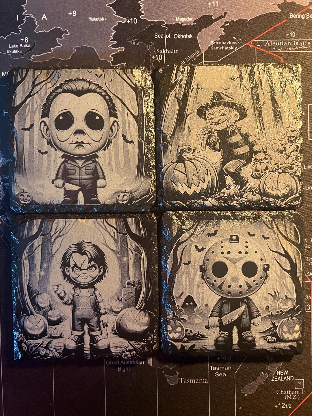 Cartoon Style 80s Slasher Horror Movie Inspired Engraved Slate Coasters ...