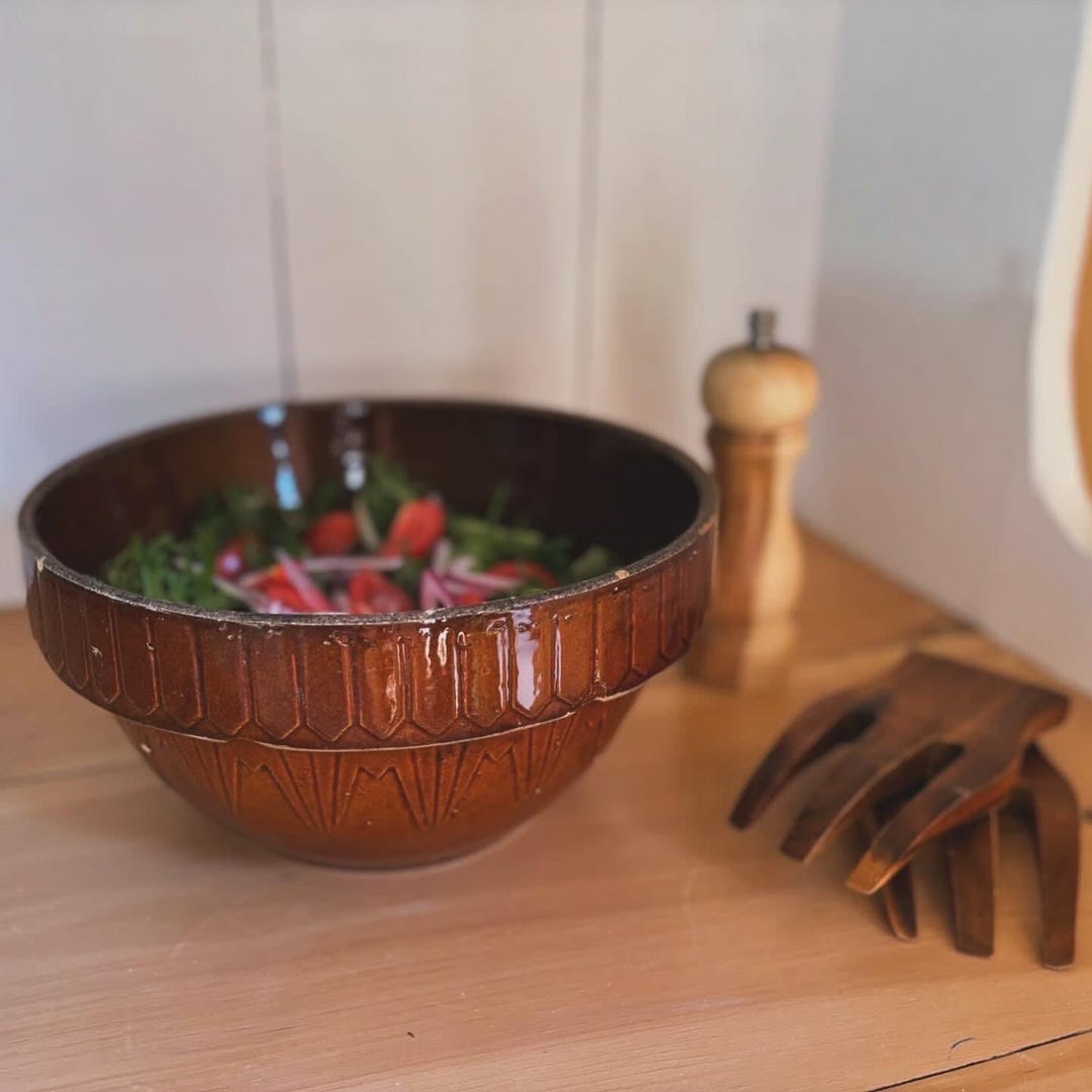 Primitive Large Brown Picket Fence Stoneware Crock Pottery Bowl - 1900 ...
