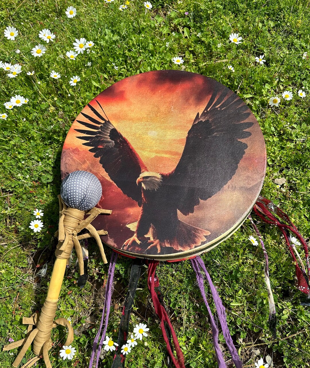 Handcrafted Eagle Shamanic Drum - 18” Ritual Frame Drum With Beater ...