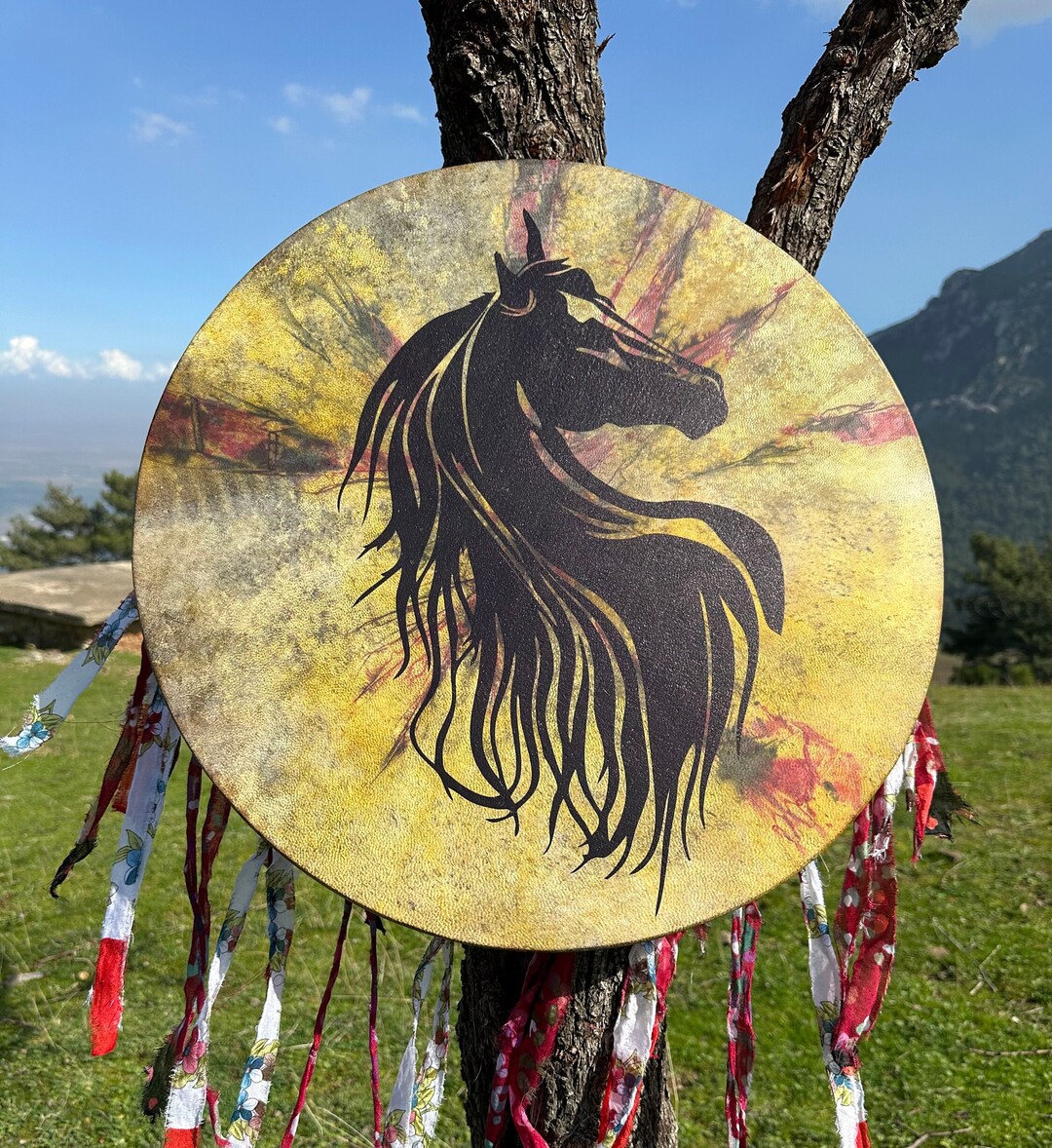 Handcrafted 21-inch Shamanic Drum With Horse Pattern Spiritual Tool for ...