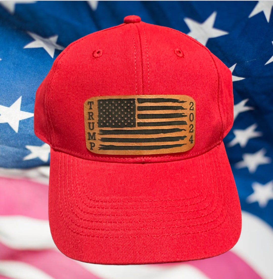 Red Trump 2024 Cap With Ragged Flag Engraved Leather Patch - Etsy