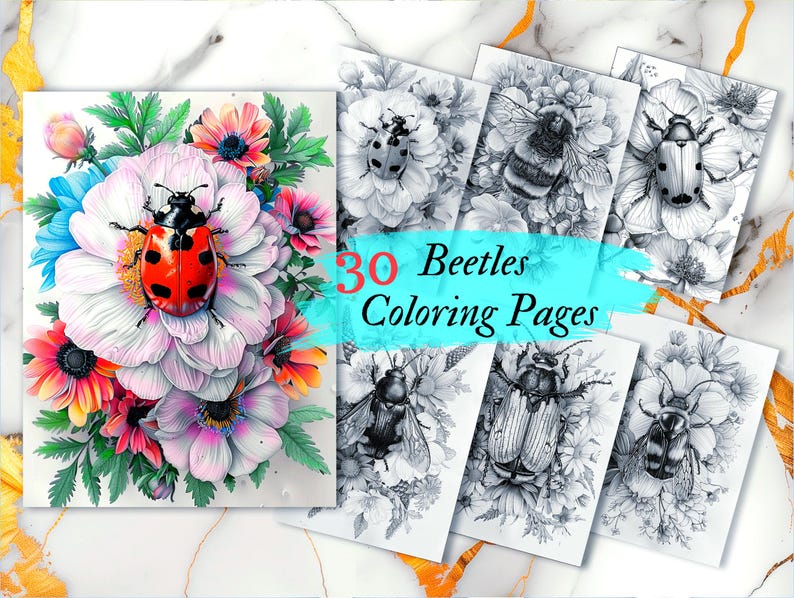 Beetles & Bumblebees. Printable Coloring Pages in Shades of Gray. 30 ...