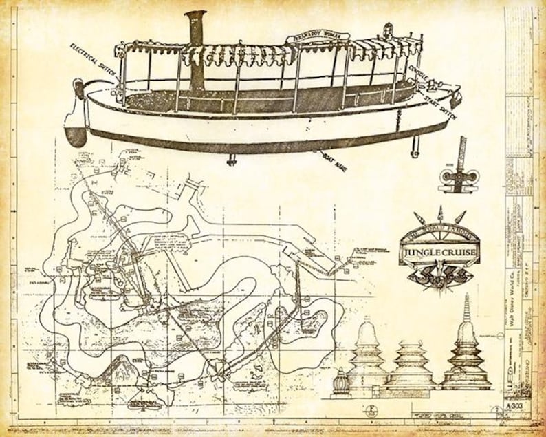 Jungle Cruise Blueprint Patent Map Print Poster Disney World Disneyland ...