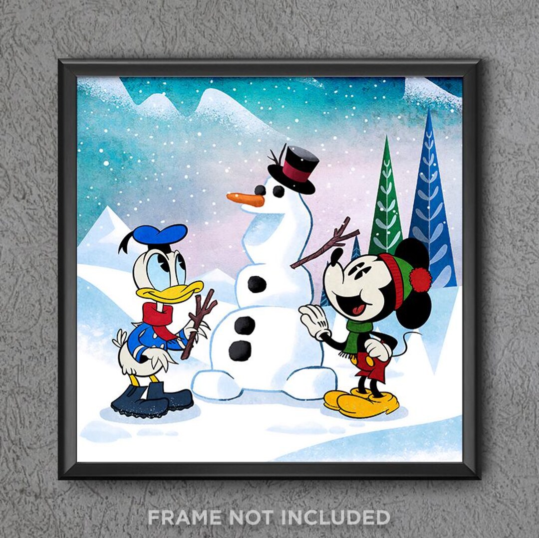 Mickey Mouse & Donald Duck Snowman Print Poster Christmas Winter Snow ...