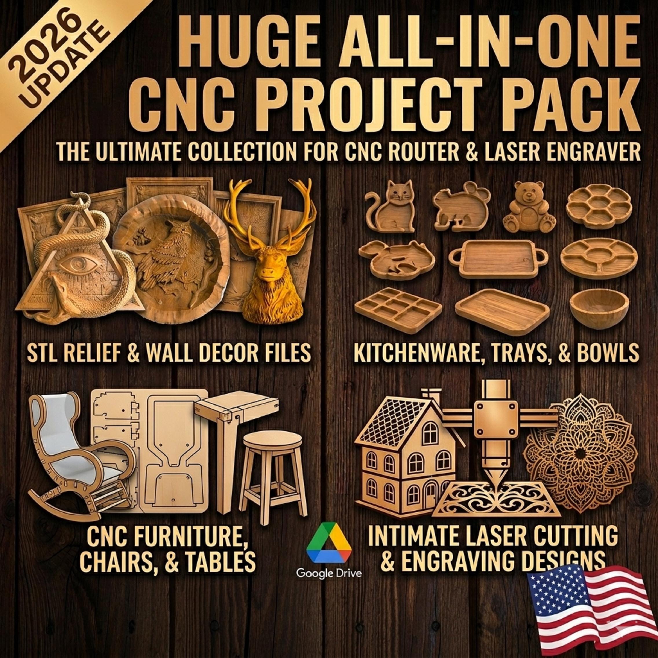 Ultimate CNC & Laser File Bundle: STL Reliefs, Furniture Plans, Trays ...