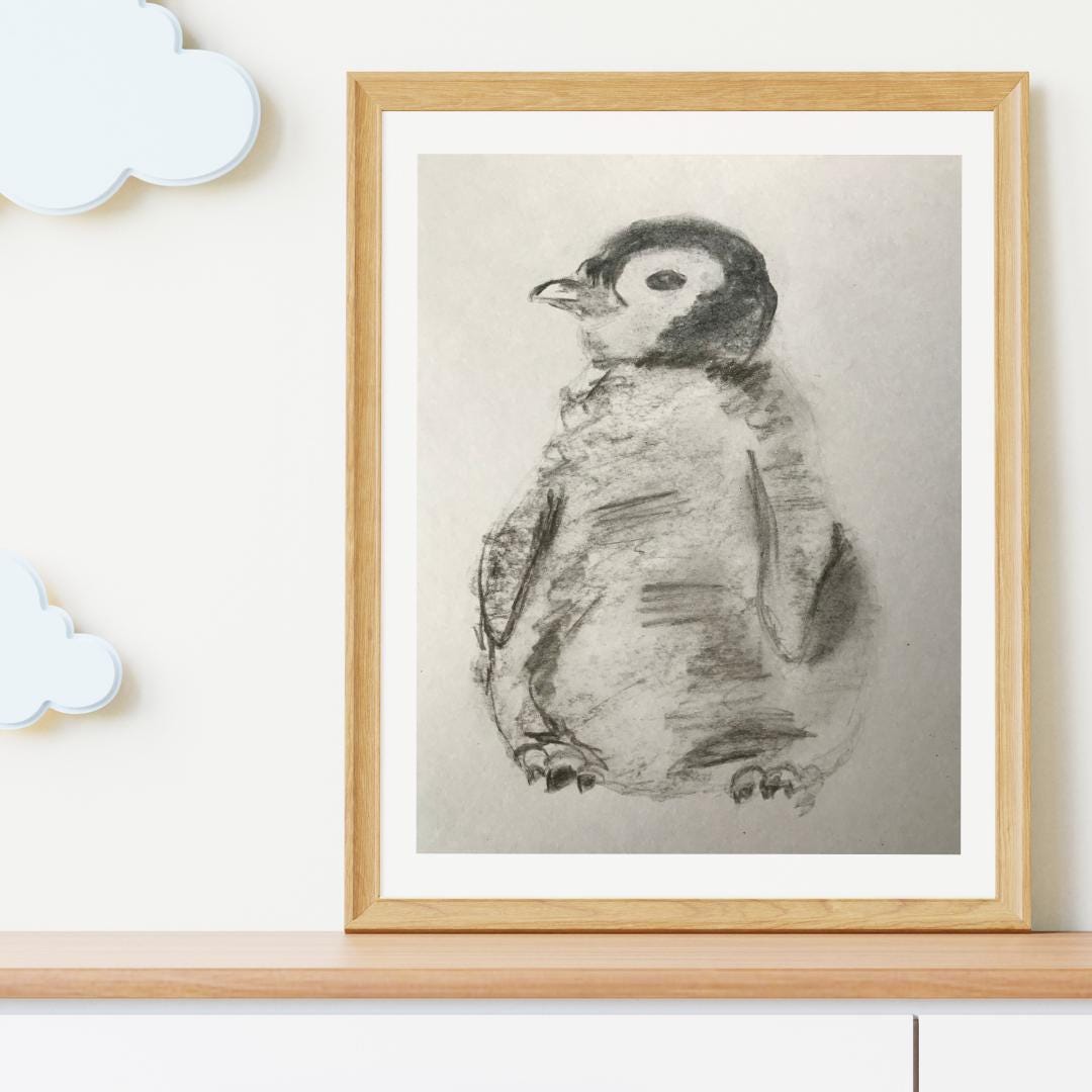 Monochrome Baby Penguin Art Print: Charcoal Illustration, Charcoal ...