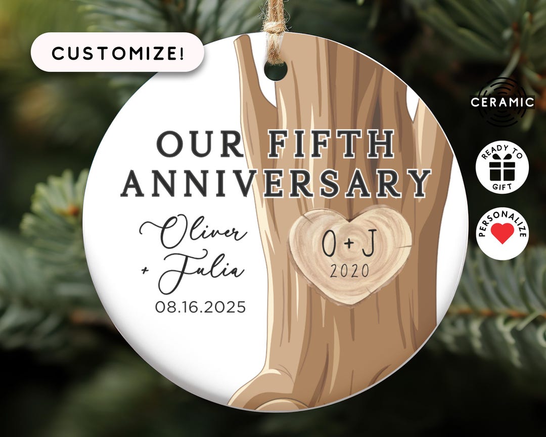 5th Anniversary Ornament, Wood Anniversary Ornament, 5 Years Married ...