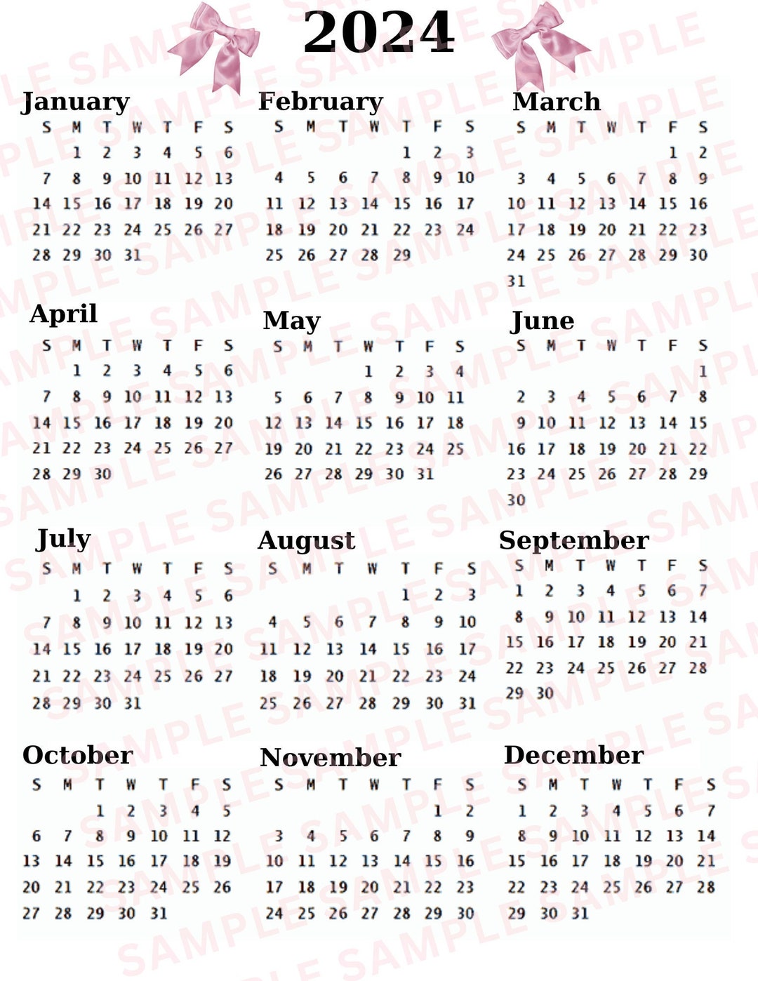 Coquette 2024 Calendar Minimalist Letter Printable Calendar, 2024 ...