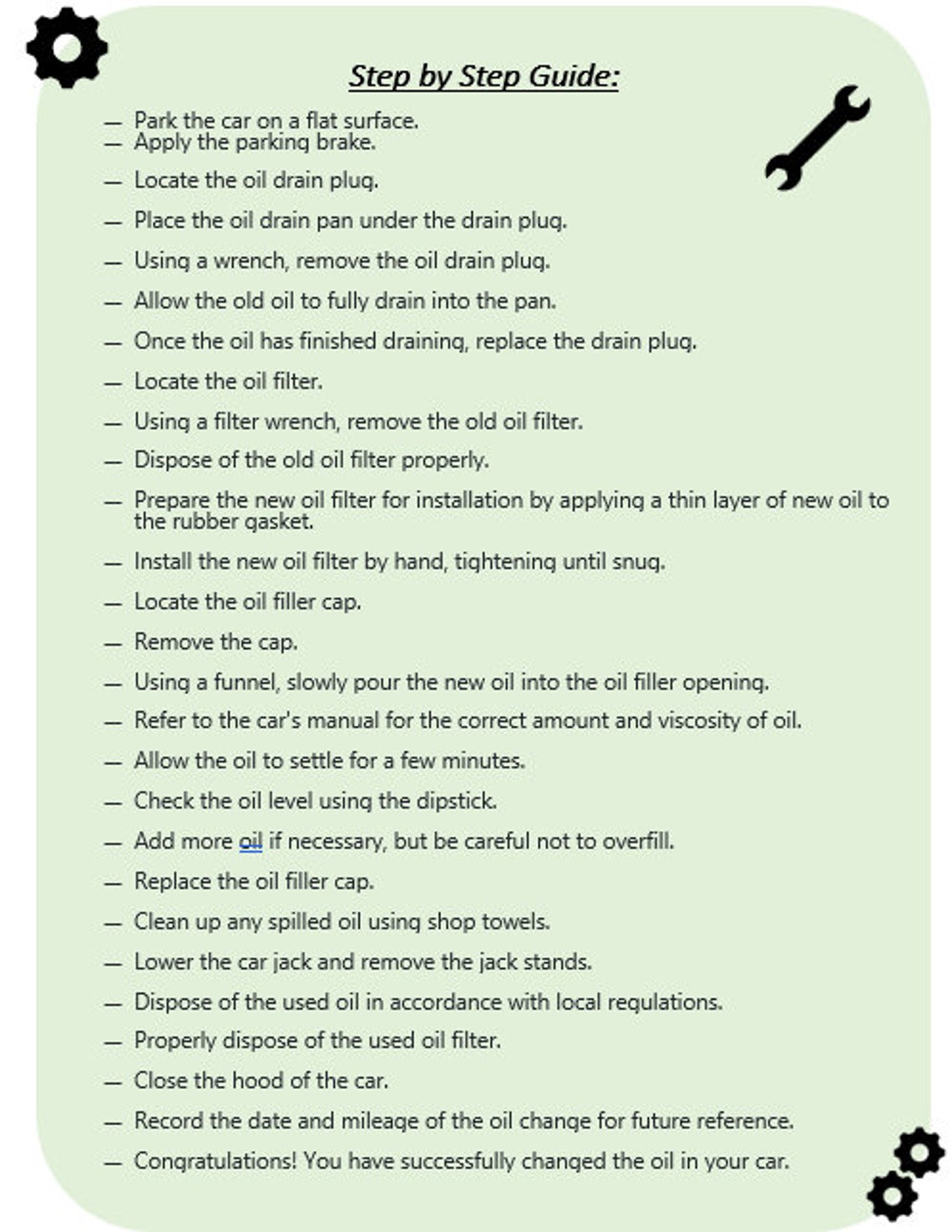 Oil Change - Step by Step Guide - Etsy