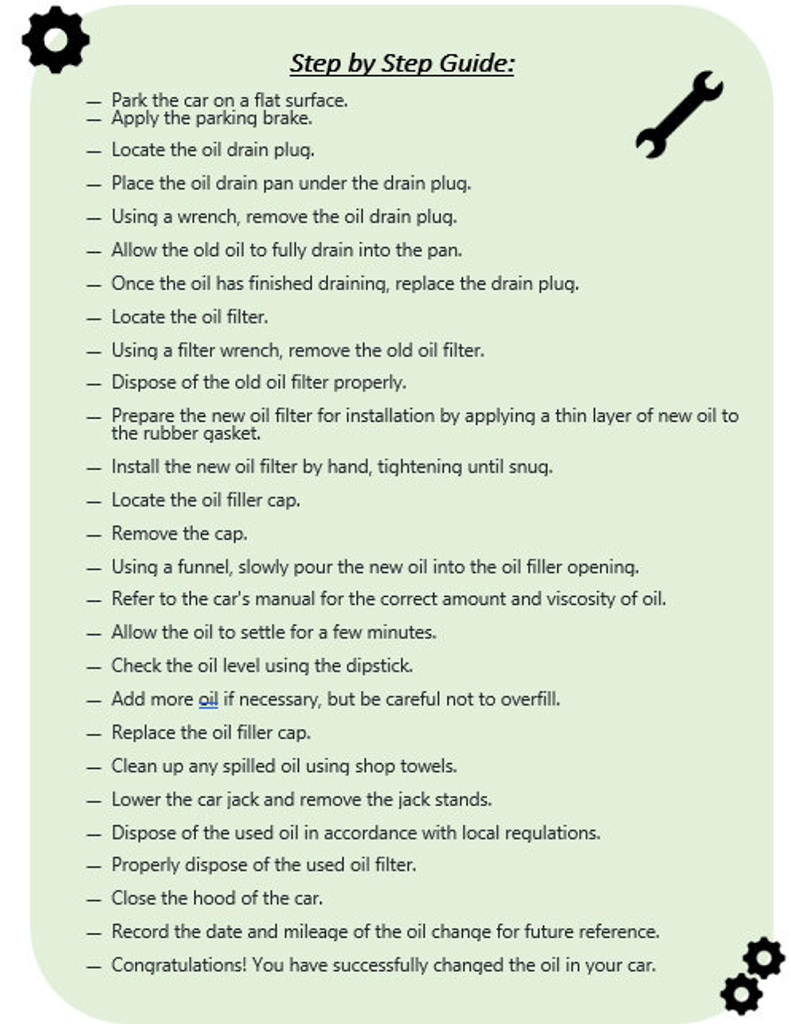 Oil Change - Step by Step Guide - Etsy