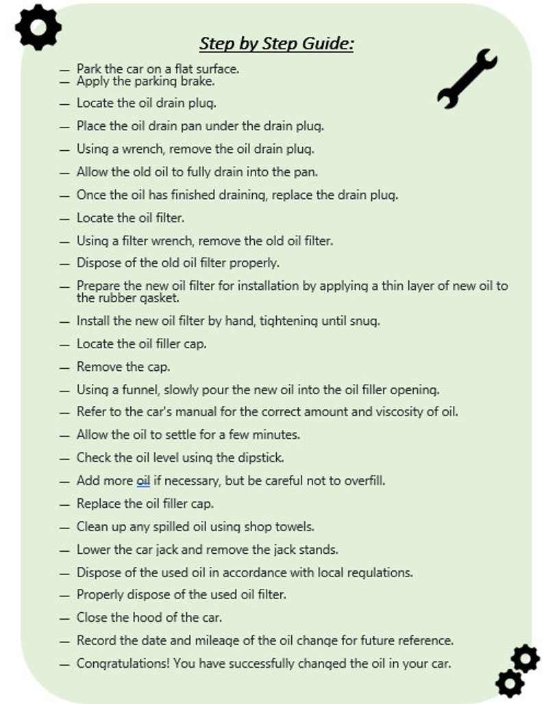 Oil Change - Step by Step Guide - Etsy