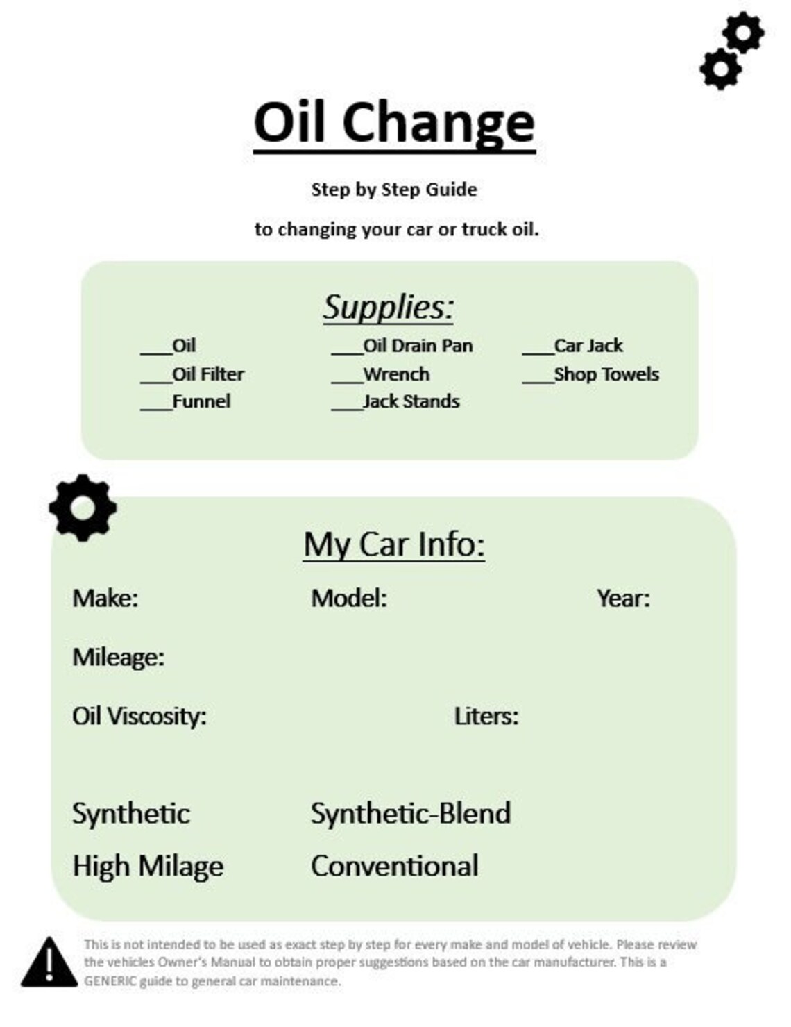 Oil Change Step by Step Guide - Etsy