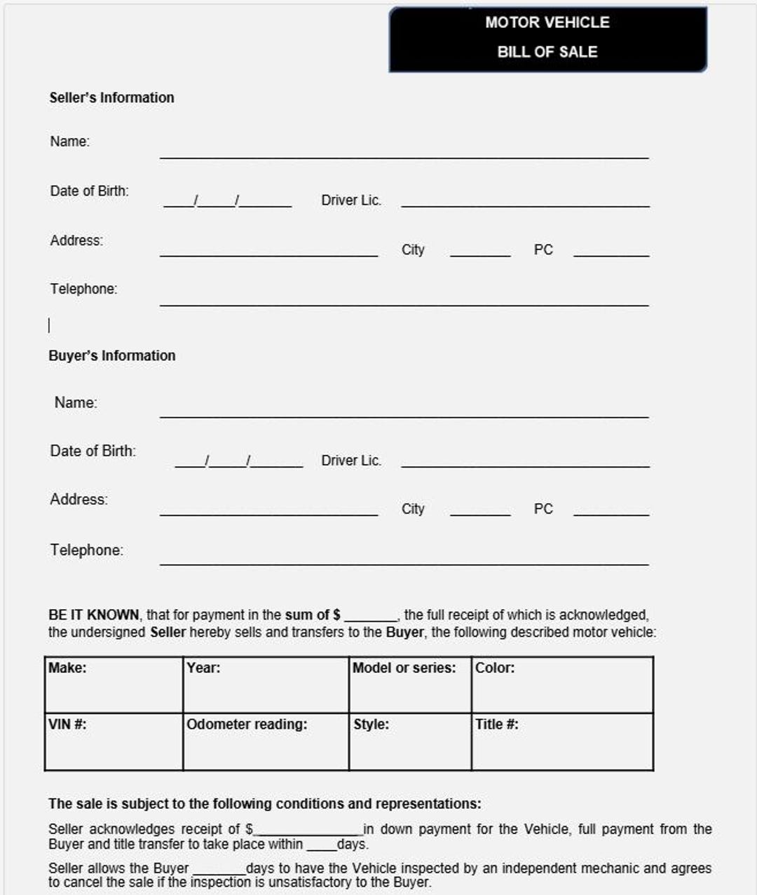 Vehicle Bill of Sale Template| Car Sale Contract| Auto, Truck ...