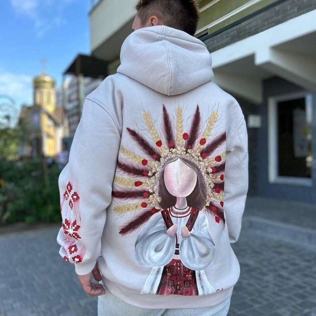 Handpainted Beige Hoodie With Motanka Design, Unique Style Sweatshirt ...