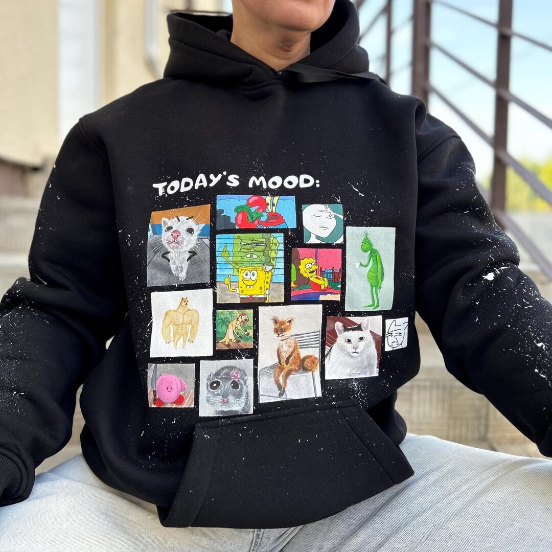 Hoodie With Mood Memes, Custom Handpainted Black Unisex, Unique Meme ...